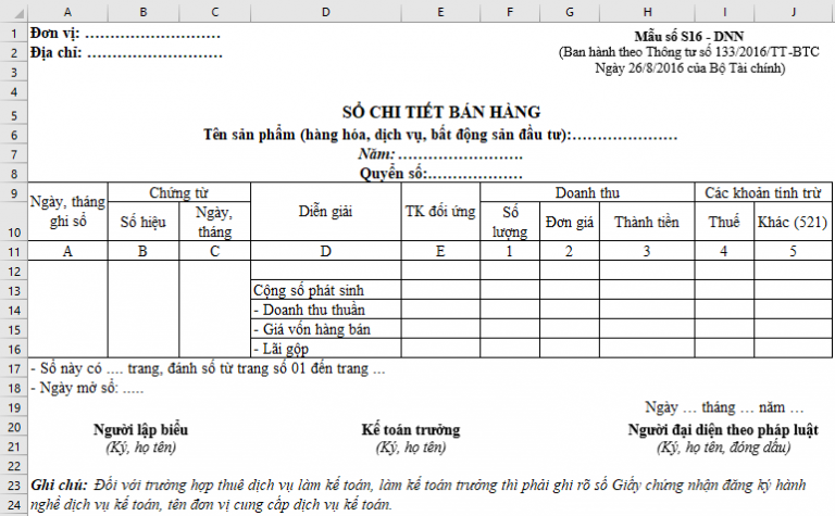 Hướng dẫn lập mẫu Sổ chi tiết bán hàng theo Thông tư 133 trên Excel