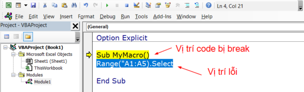 Hướng dẫn cách khắc phục lỗi Can't execute code in break mode khi chạy code VBA - Học Excel ...