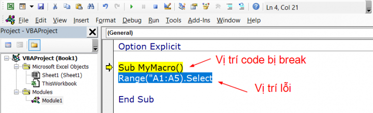 Hướng dẫn cách khắc phục lỗi Can't execute code in break mode khi chạy code VBA - Học Excel ...